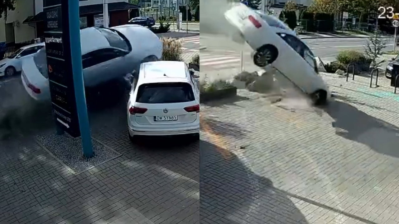 Samochód wypadł z drogi, przeleciał nad zaparkowanym autem i rozbił się ...